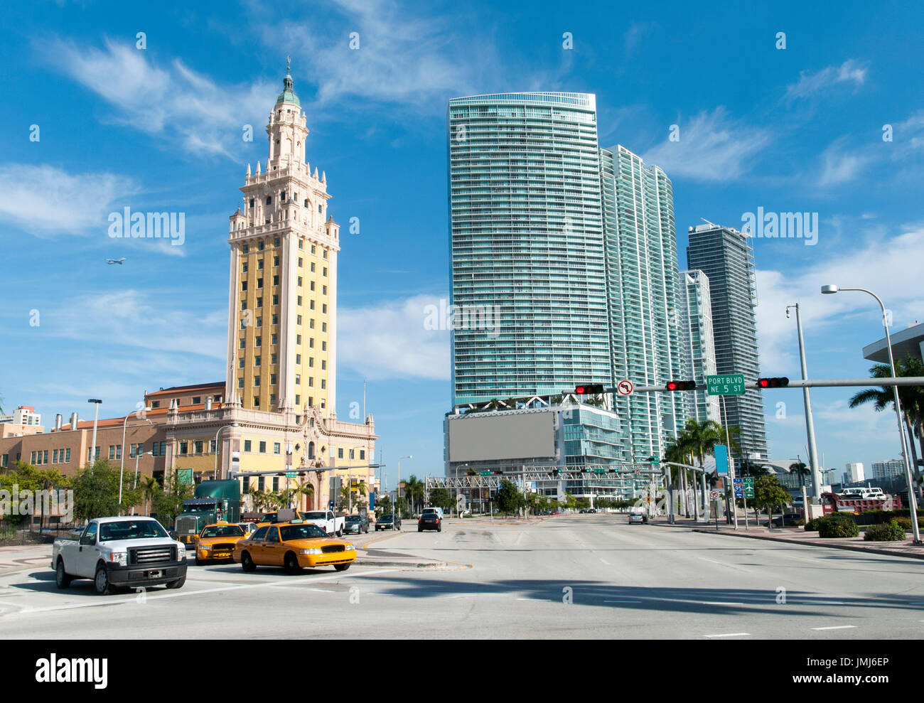 The view of Biscayne Boulevard with Freedom tower, the historic Miami ...