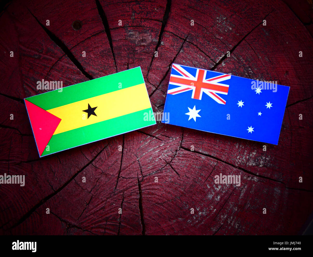 Sao Tome and Principe flag with Australian flag on a tree stump ...