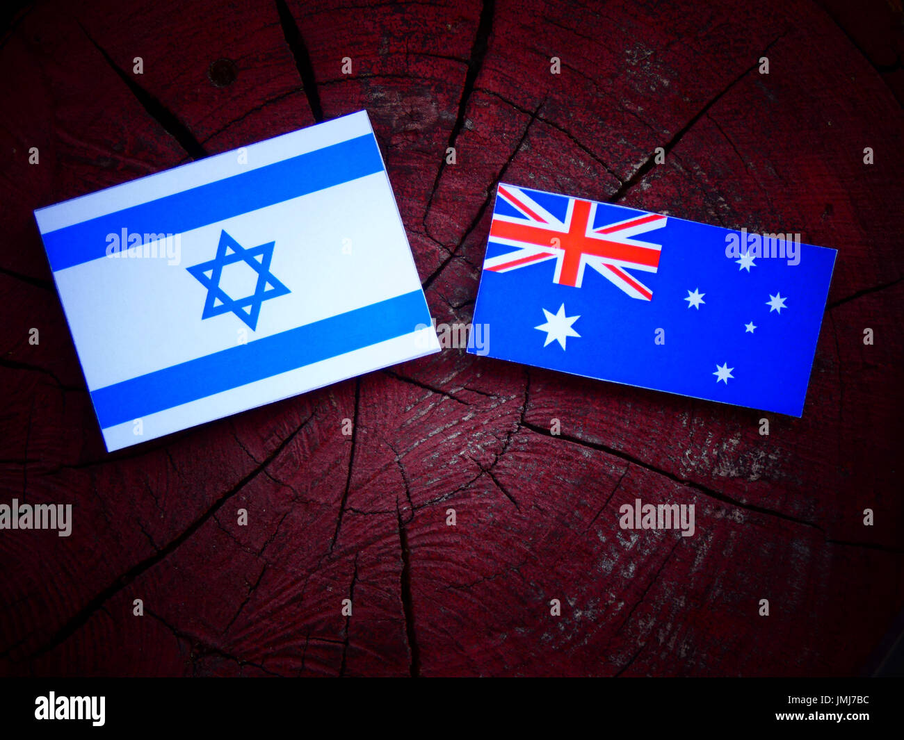 Israeli flag with Australian flag on a tree stump isolated Stock Photo ...