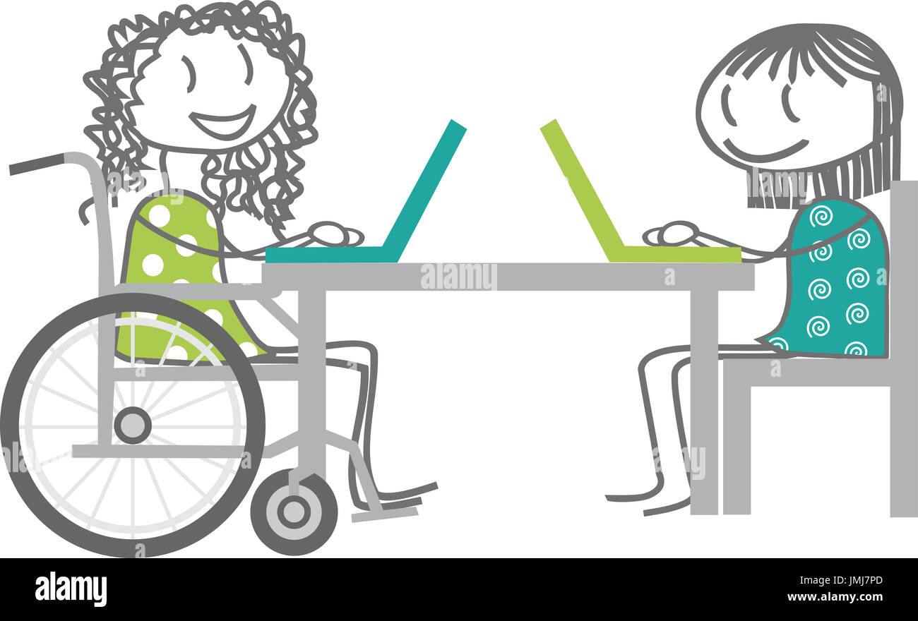 A disabled person in a wheelchair works on a computer with a person ...
