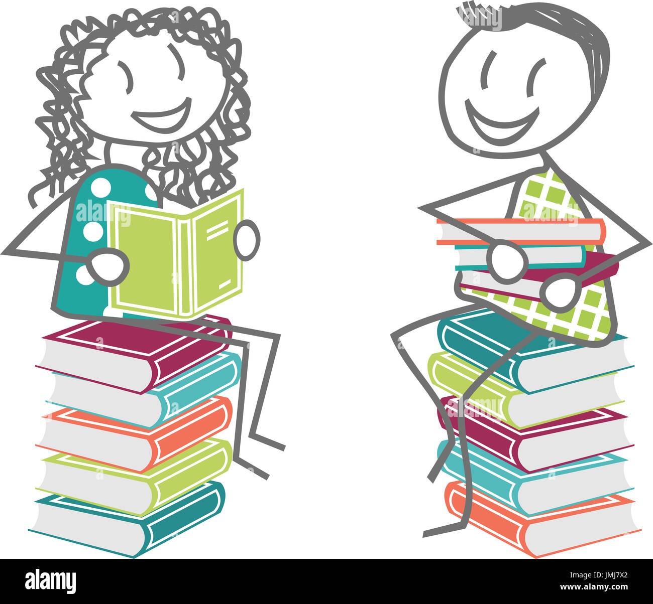 Two children, students or adults discuss sitting on a pile of books ...