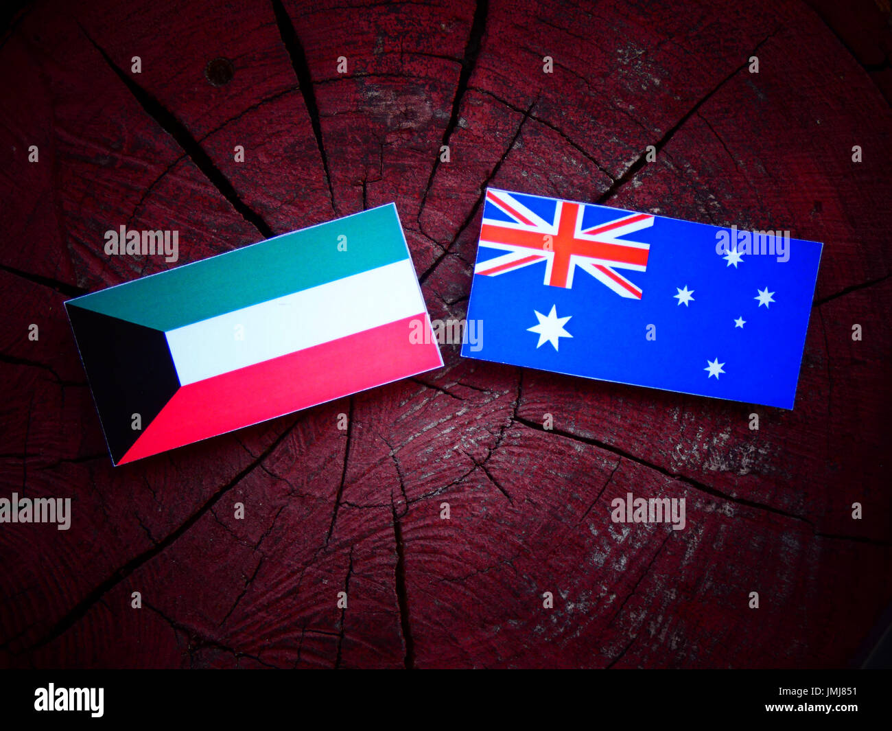 Kuwaiti flag with Australian flag on a tree stump isolated Stock Photo ...
