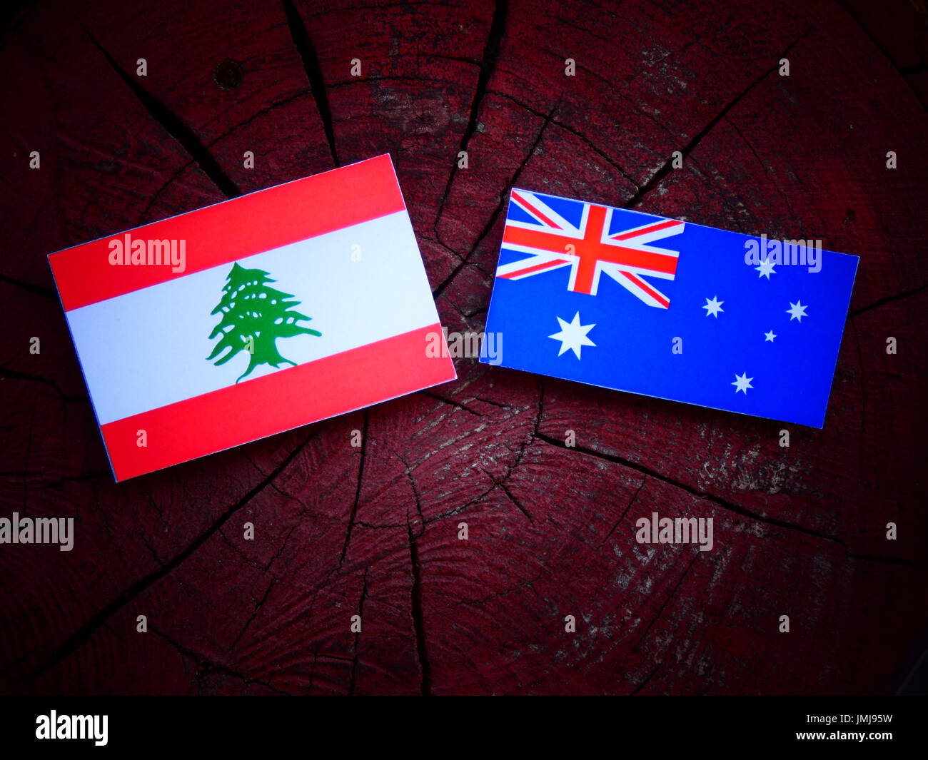 Lebanese flag with Australian flag on a tree stump isolated Stock Photo ...