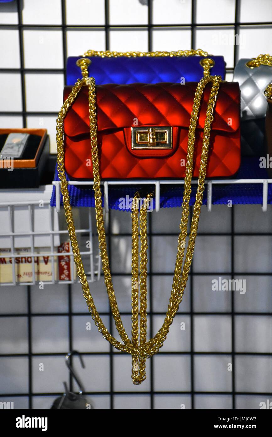 A blue and red no name, no brand purse in a small block store in Taipei ...