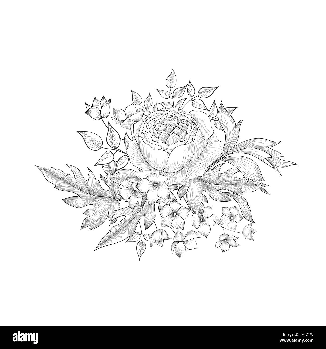 Flower bouquet isolated. Floral sketch background. Hand drawn engraving ...