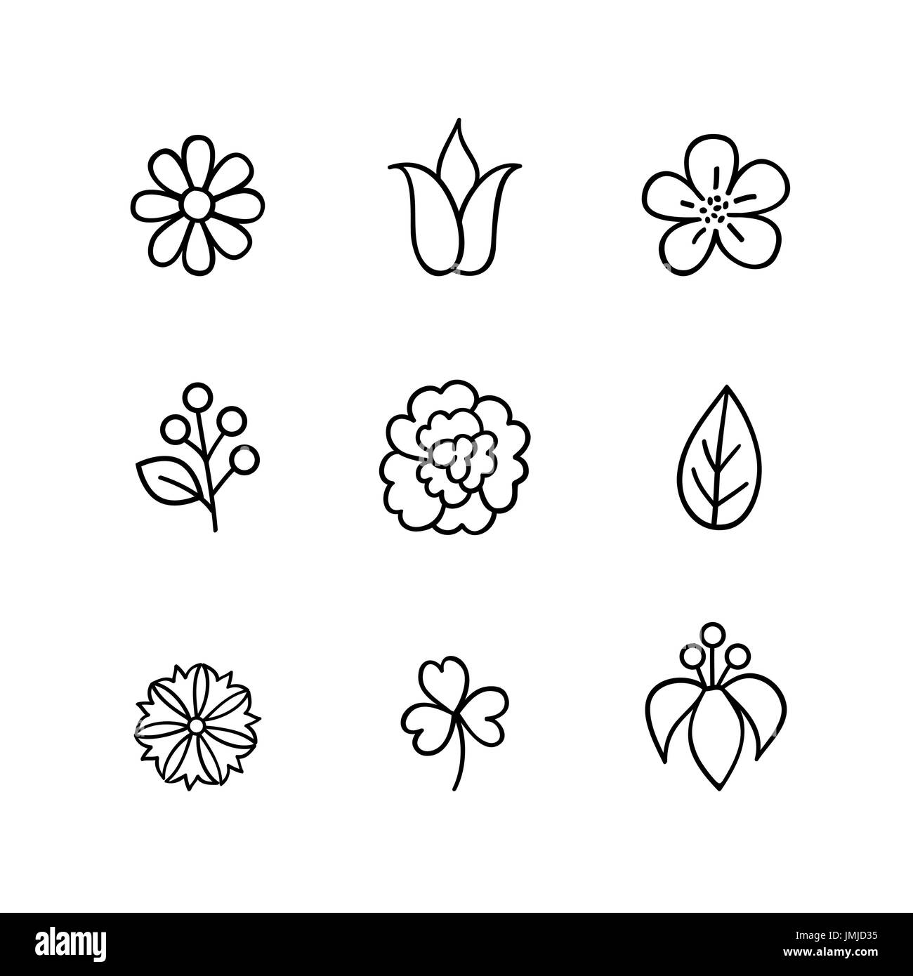 Floral icon set. Flowers, berry and leaves line art icons Stock Vector ...