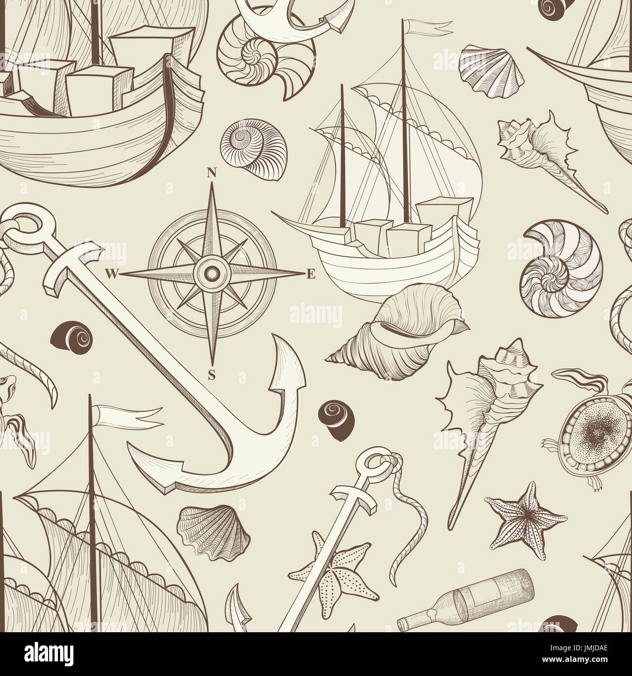 Marine life seamless pattern. Sailing ship, Seashell, anchor, compass ...
