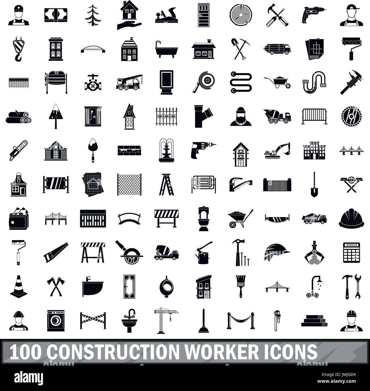 100 construction worker icons set, simple style Stock Vector Image ...