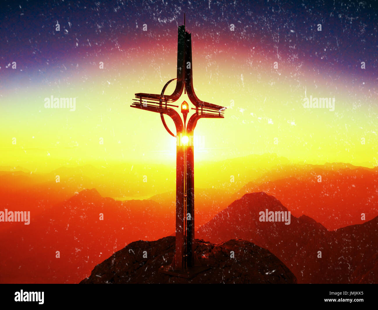 Film grain effect. Lens flare light, strong effect. Cross on peak of ...