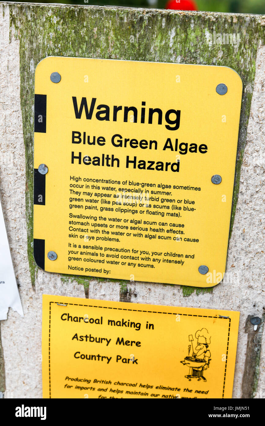 A sign warning of Blue Green algae causing a health hazard at Astbury ...