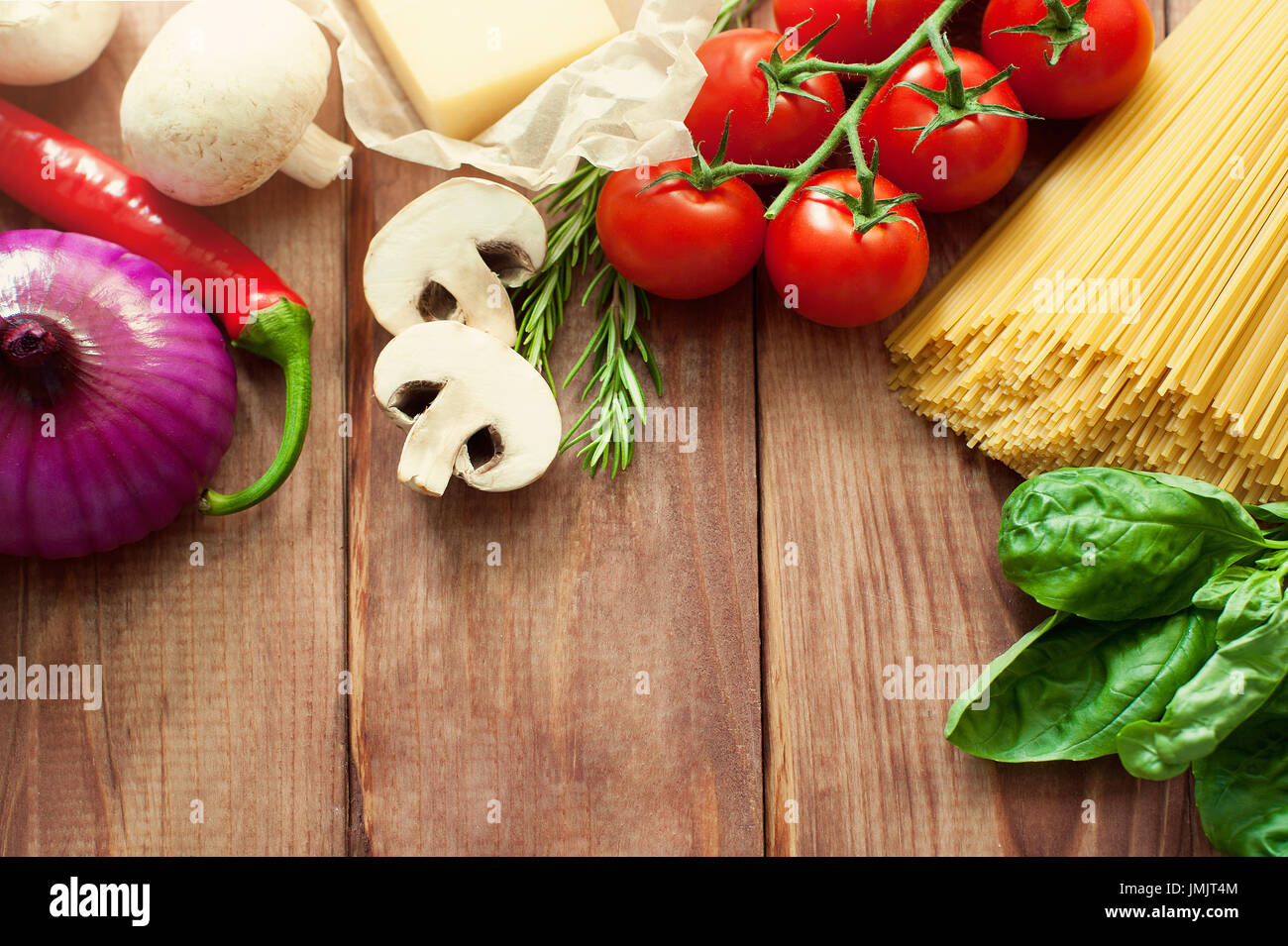 Italian food or ingredients background with fresh vegetables, pasta ...