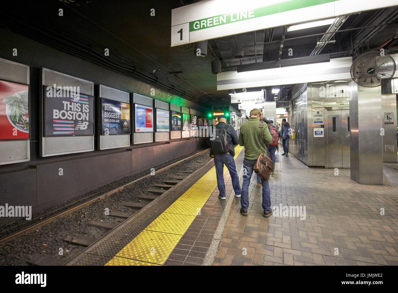 passengers waiting for train Boston MBTA underground green line station ...