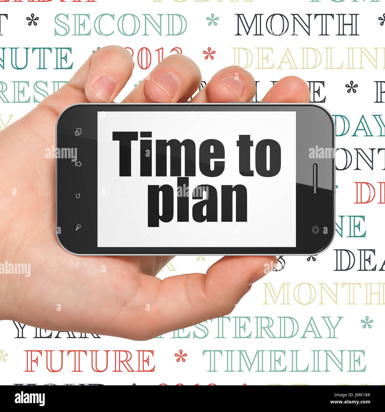 Timeline concept: Hand Holding Smartphone with Time to Plan on display ...