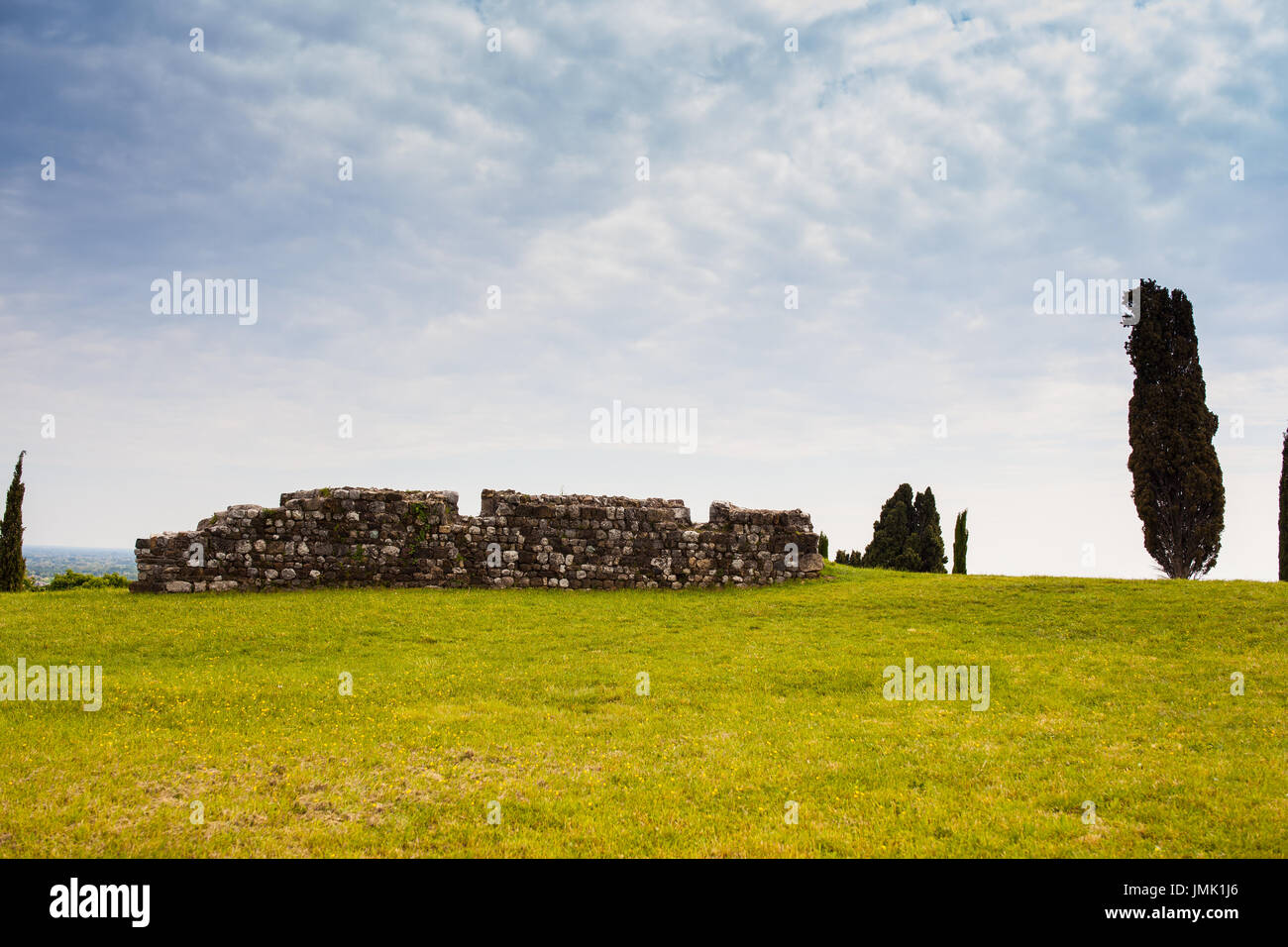 View of Cypress and stone wall, Fagagna. Italy Stock Photo - Alamy