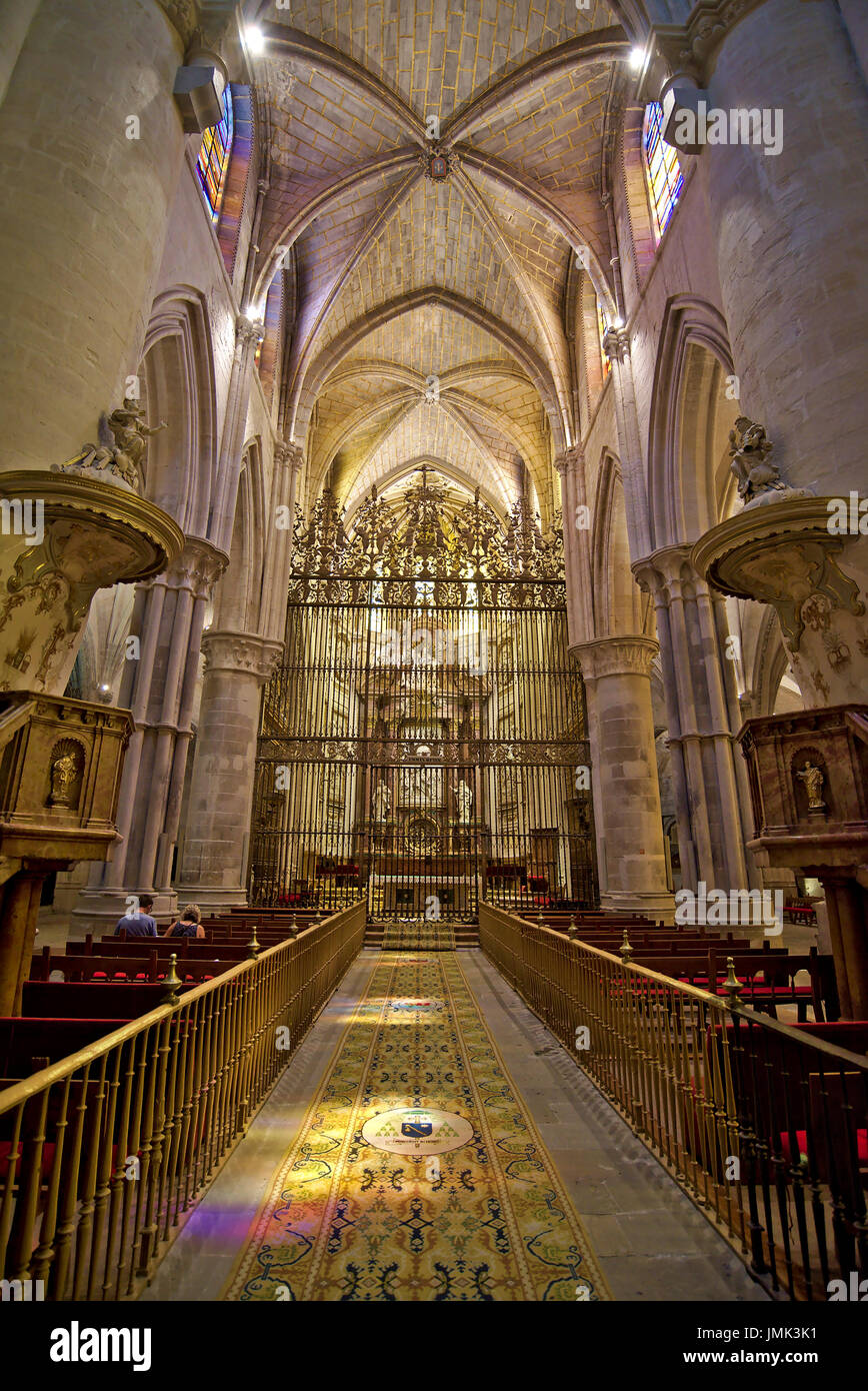 Vertical caption of the central Nave of Cuenca cathedral, showing color light coming from ...