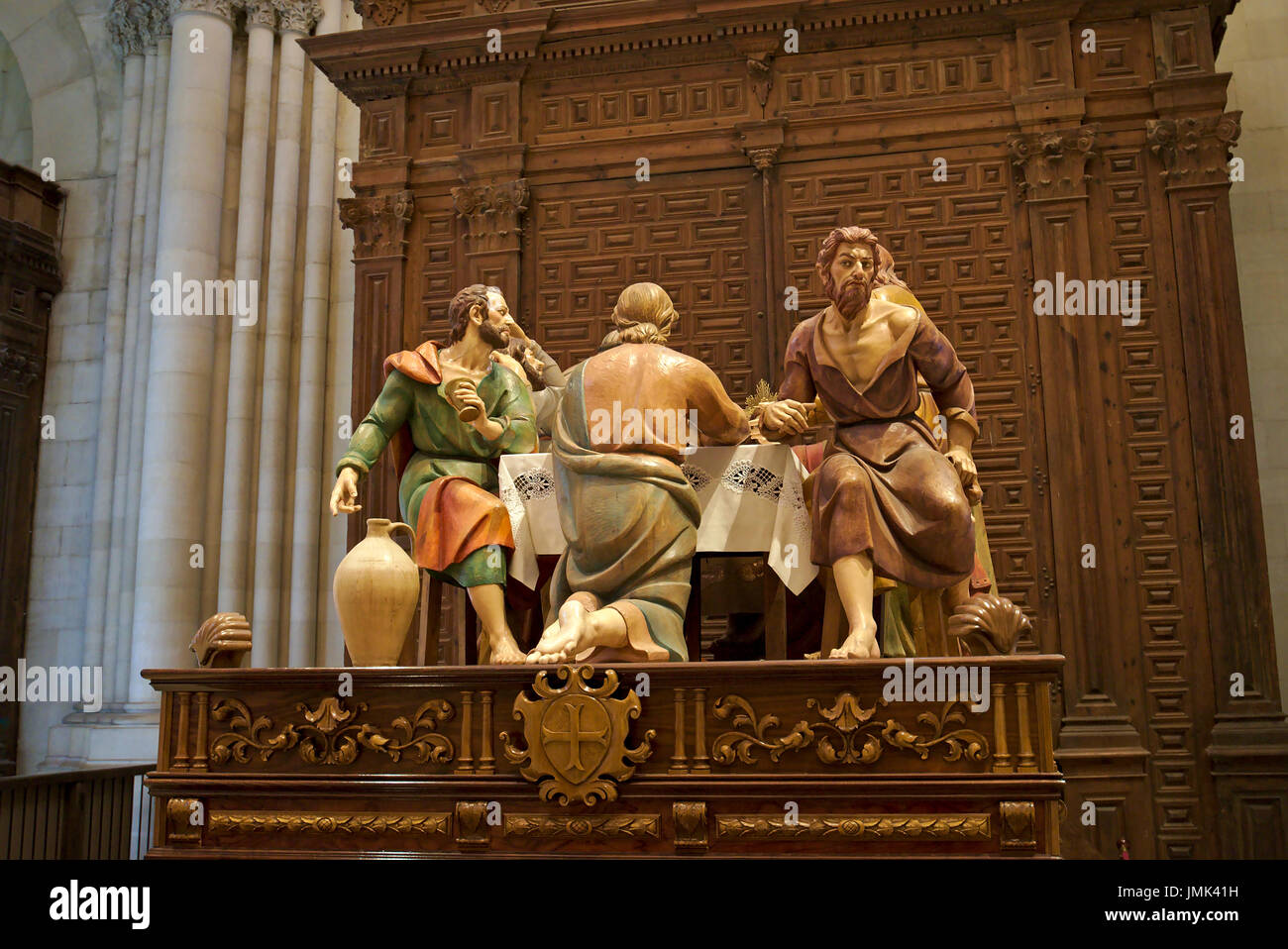 Altarpiece showing The Last Supper in a set of wooden figures in the ...