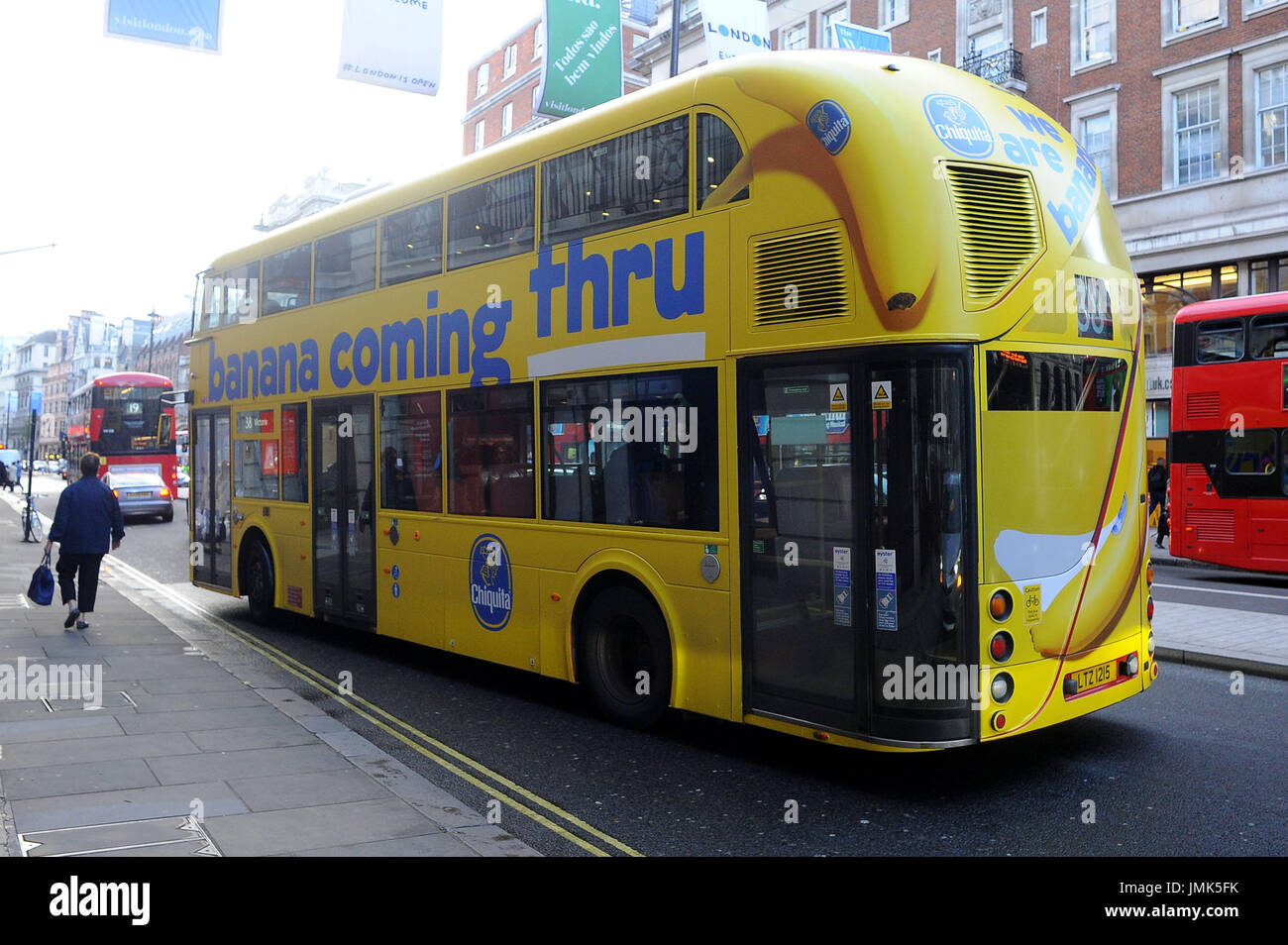 Yellow Double Decker Bus Banana Chiquita in Piccadilly. Credit: Alamy ...