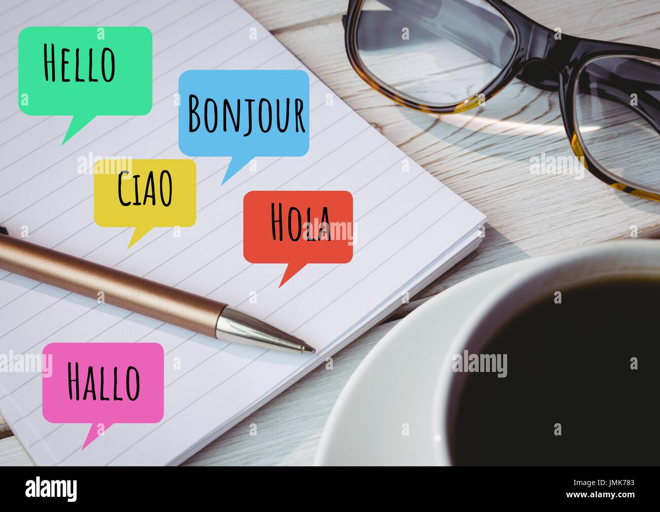Digital composite of Hello in different languages chat bubbles with ...