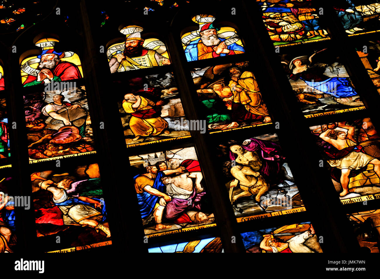 Milan, Italy - June 27, 2016: Close-up of colorful stained glass ...