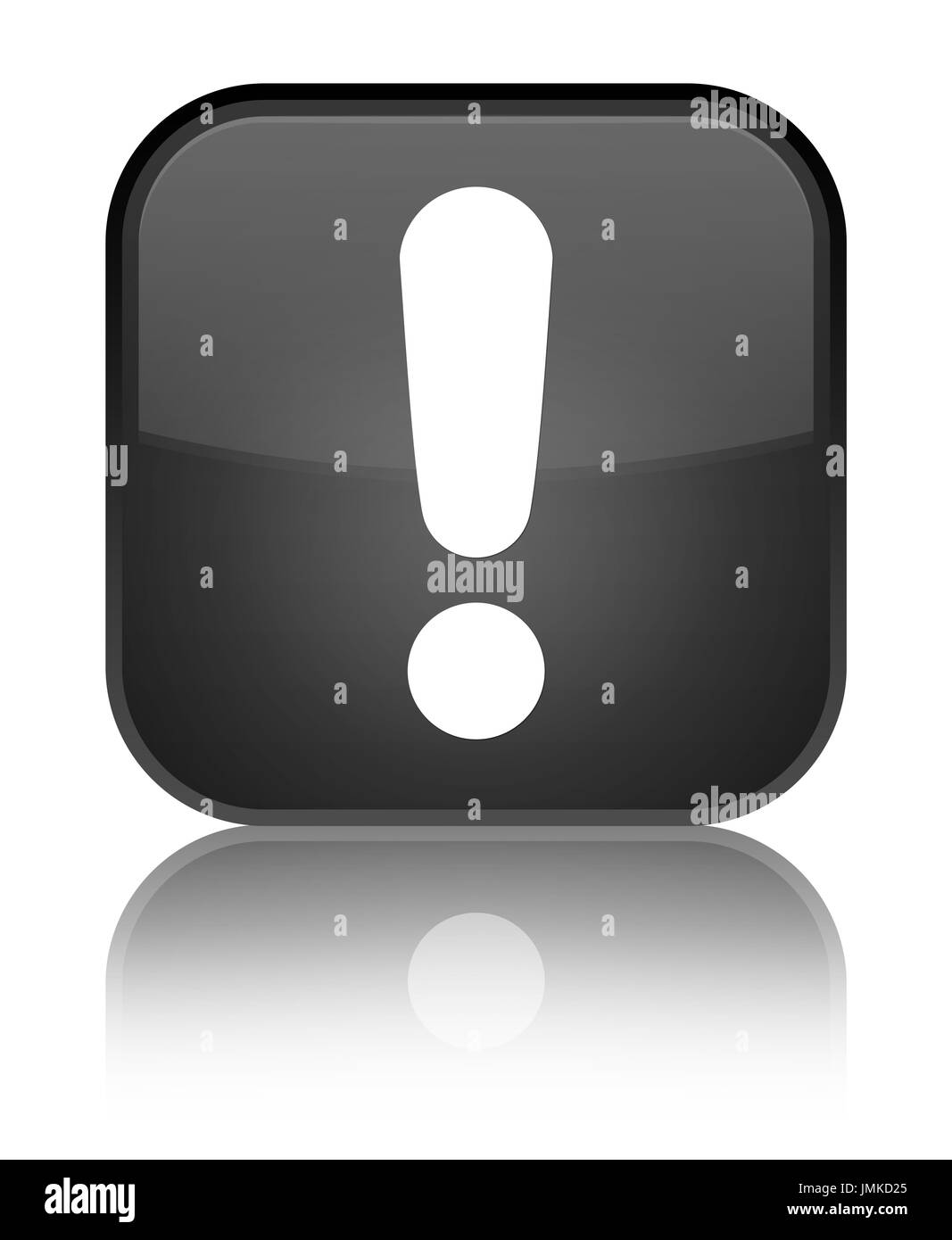 Exclamation mark icon isolated on special black square button reflected ...