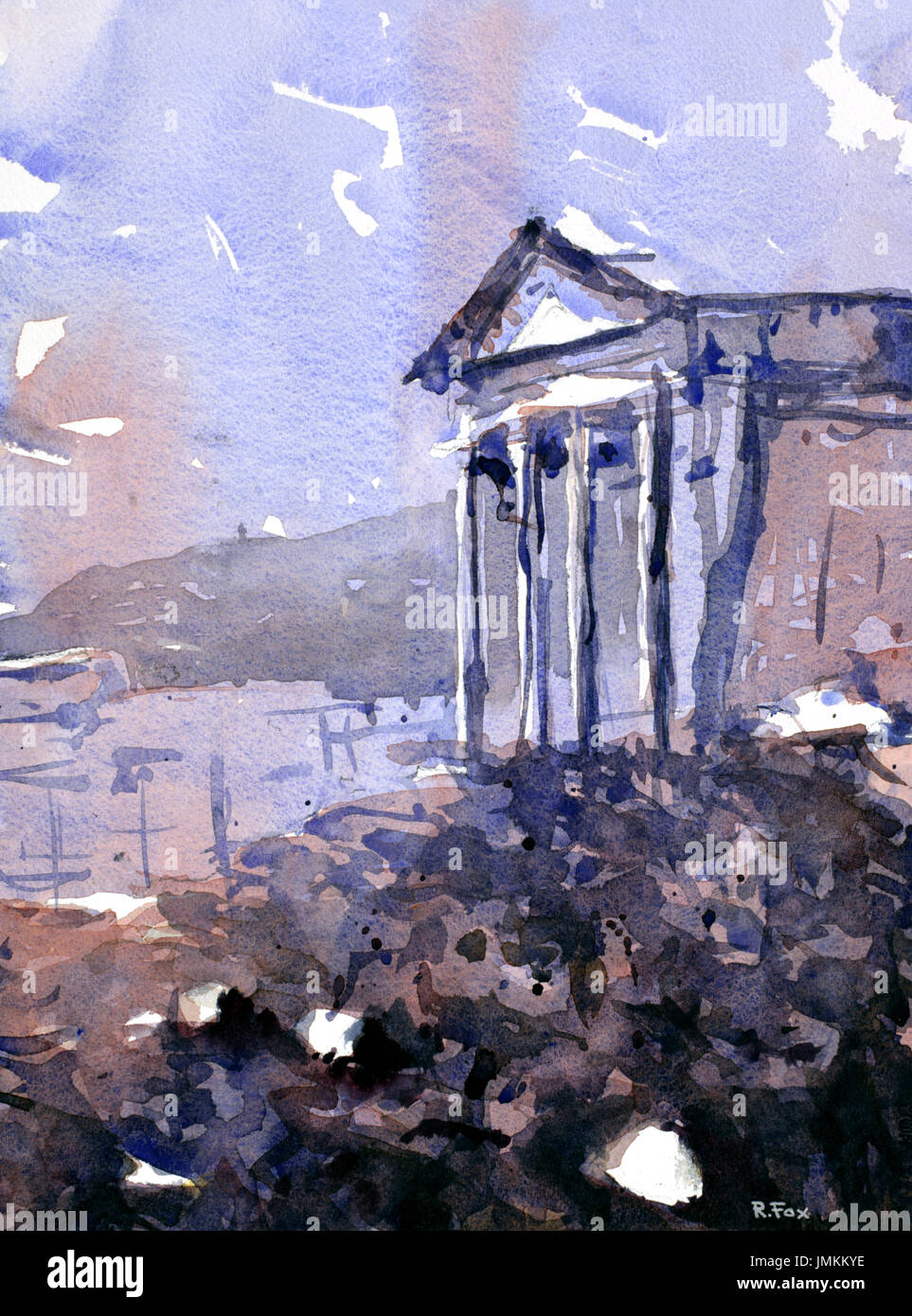 Painting of ruined Roman temple in the ancient city of Dougga, Tunisia ...