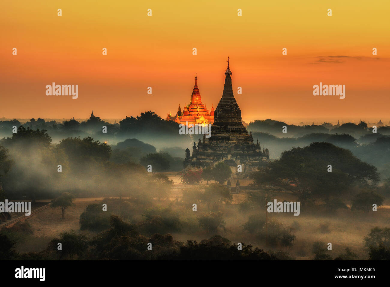 Scenic sunrise above Bagan in Myanmar. Bagan is an ancient city with ...
