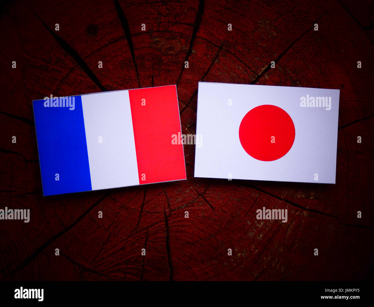 French flag with Japanese flag on a tree stump isolated Stock Photo - Alamy