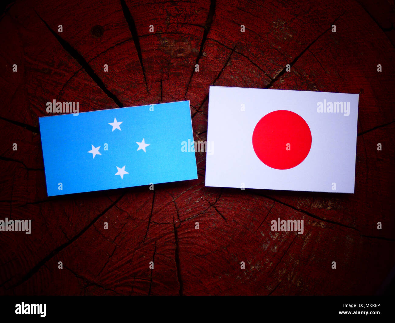Micronesian flag with Japanese flag on a tree stump isolated Stock ...