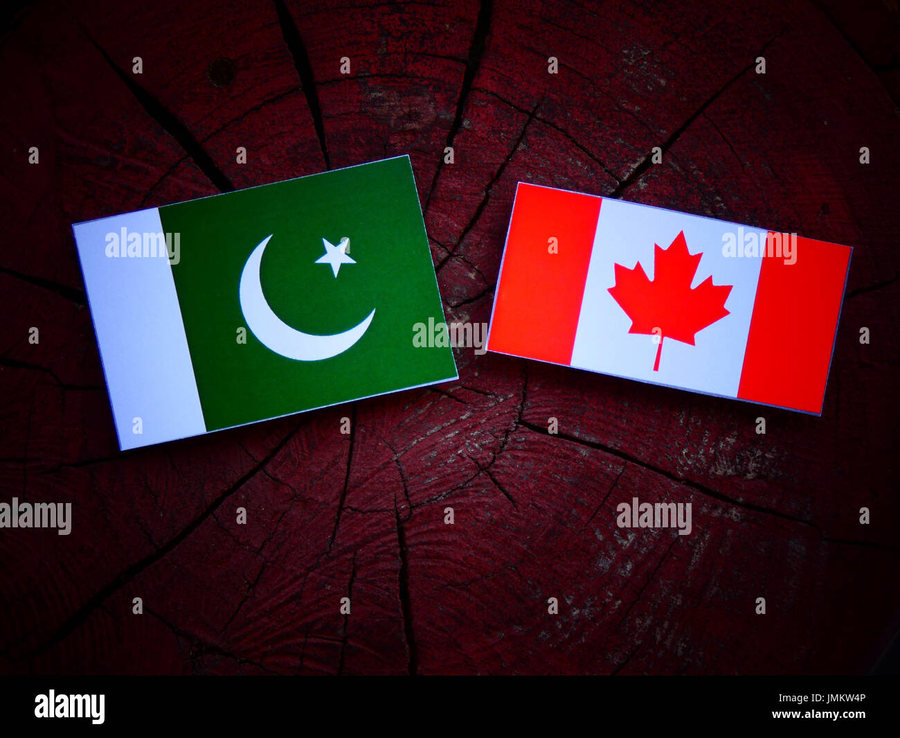 Pakistan flag with Canadian flag on a tree stump isolated Stock Photo ...