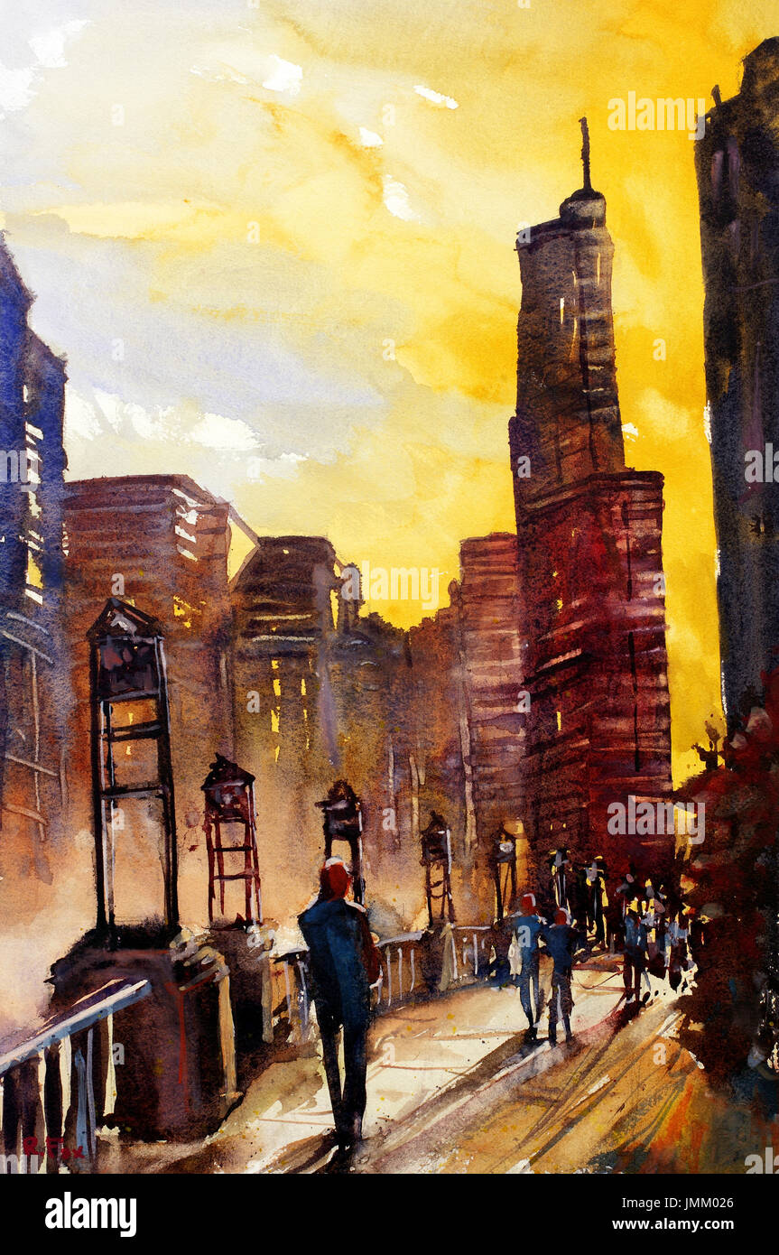 Plein air watercolor painting of skyscrapers in downtown Chicago ...