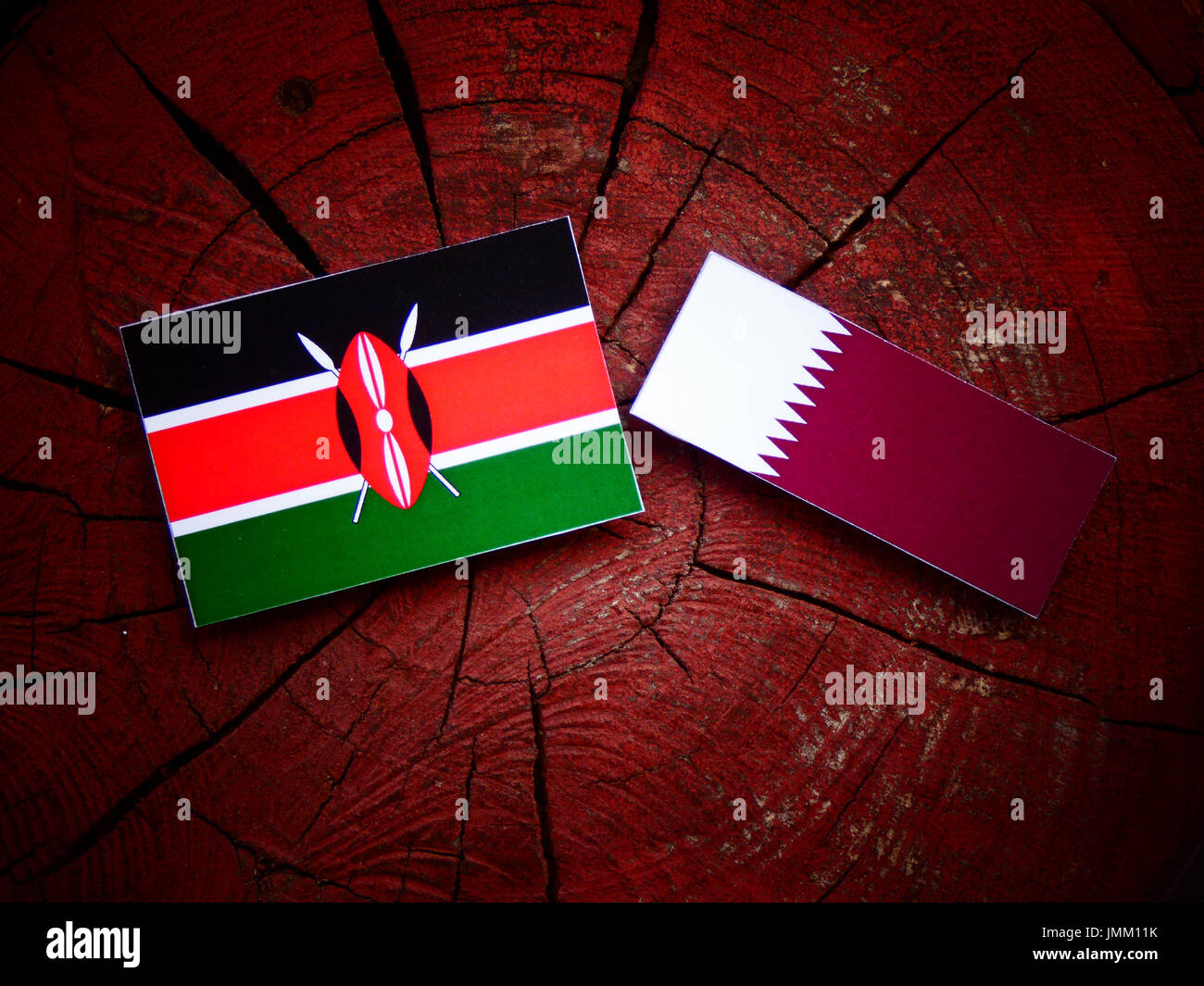 Kenyan flag with Qatari flag on a tree stump isolated Stock Photo - Alamy