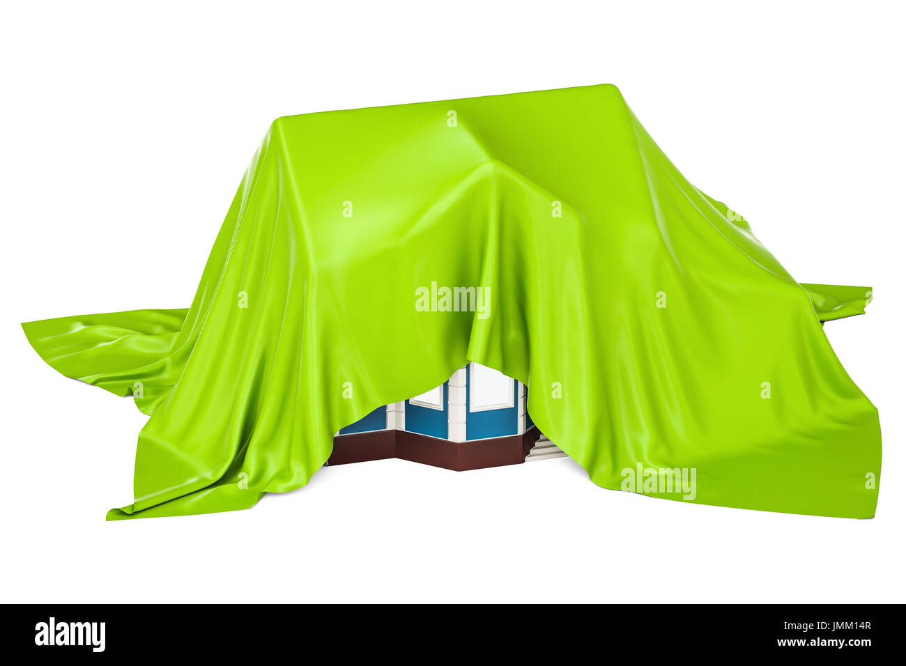 House covered green fabric, 3D rendering isolated on white background ...
