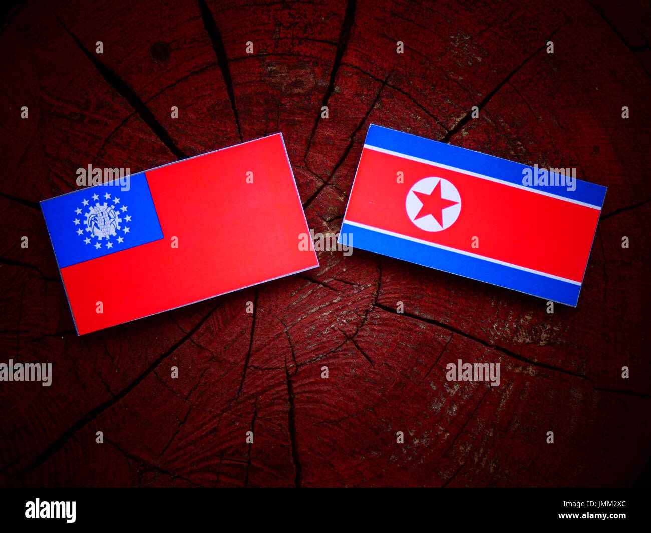 Myanmar flag with North Korean flag on a tree stump isolated Stock ...