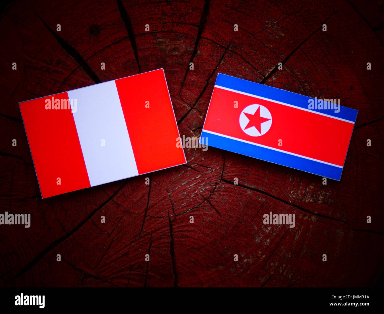 Peruvian flag with North Korean flag on a tree stump isolated Stock ...