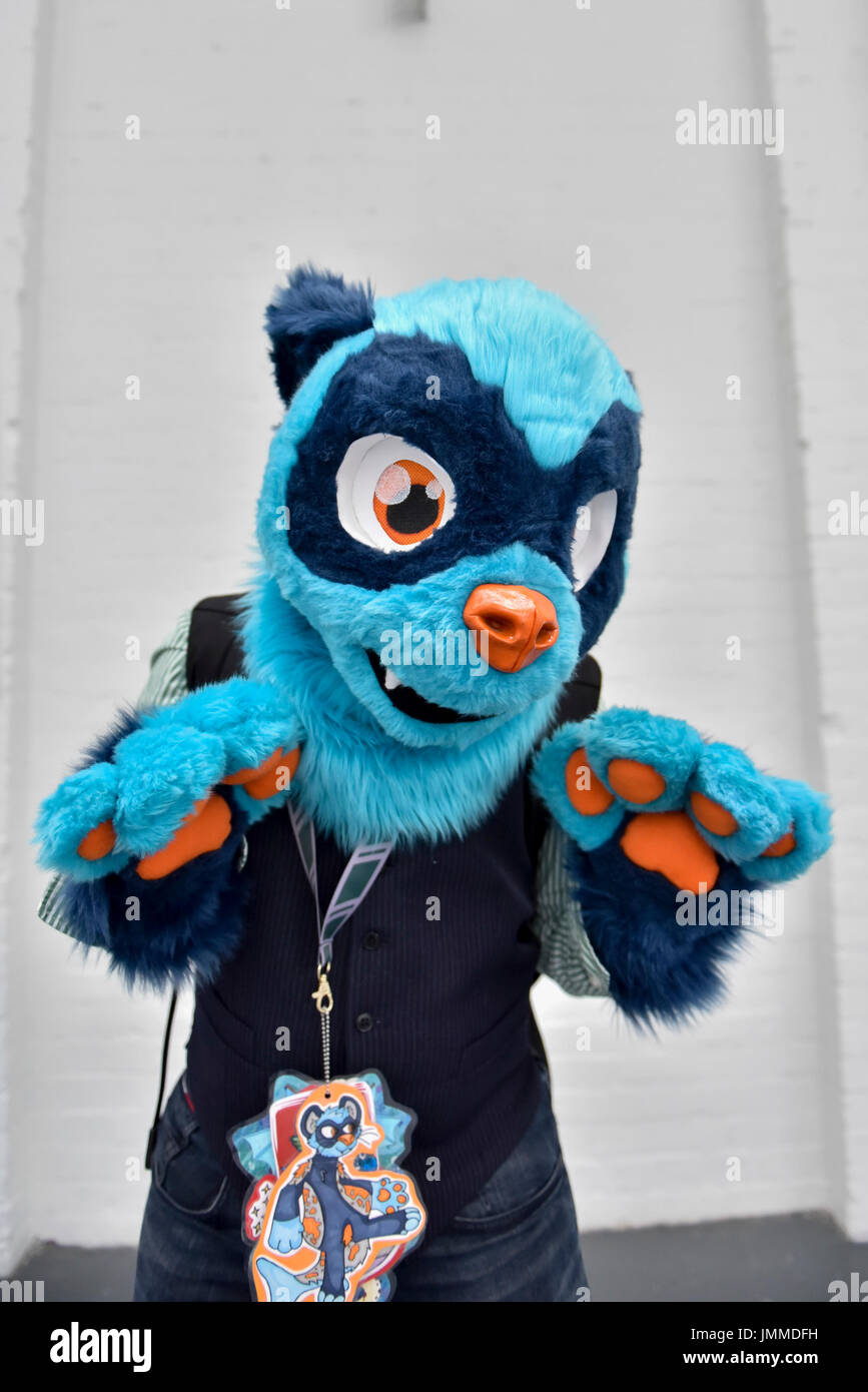 London, UK. 28 July 2017. Mercury, a furry costumed character gives a ...