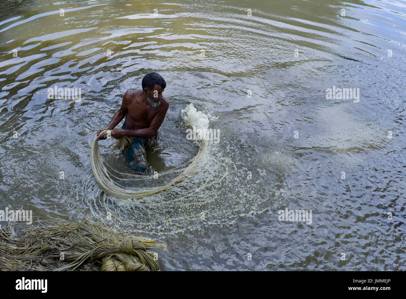 Dhaka, Bangladesh. 28th July, 2017. A Bangladeshi farmer wash jute fiber in a pond after ...
