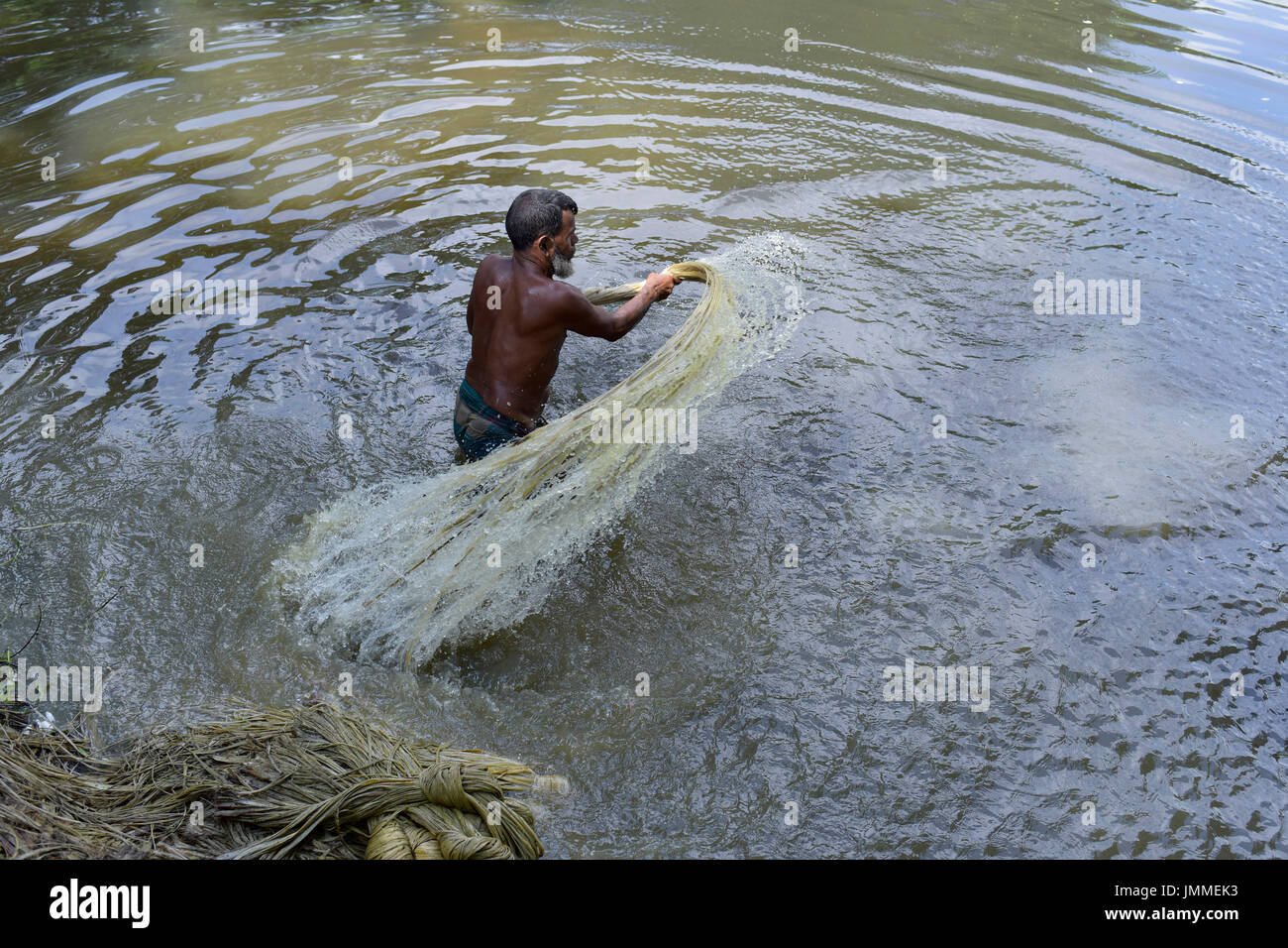 Dhaka, Bangladesh. 28th July, 2017. A Bangladeshi farmer wash jute fiber in a pond after ...