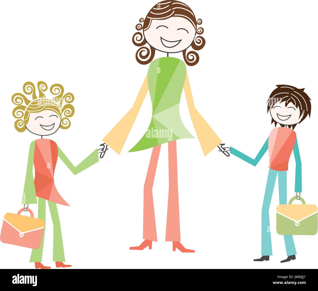 A mother or nanny brings back children from school for the first day of ...