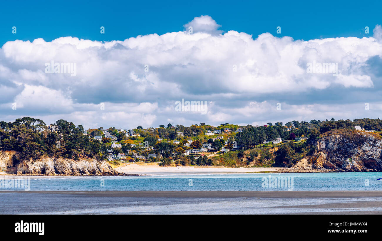 Beautiful village of Morgat with the sand beach and rocky coastline ...