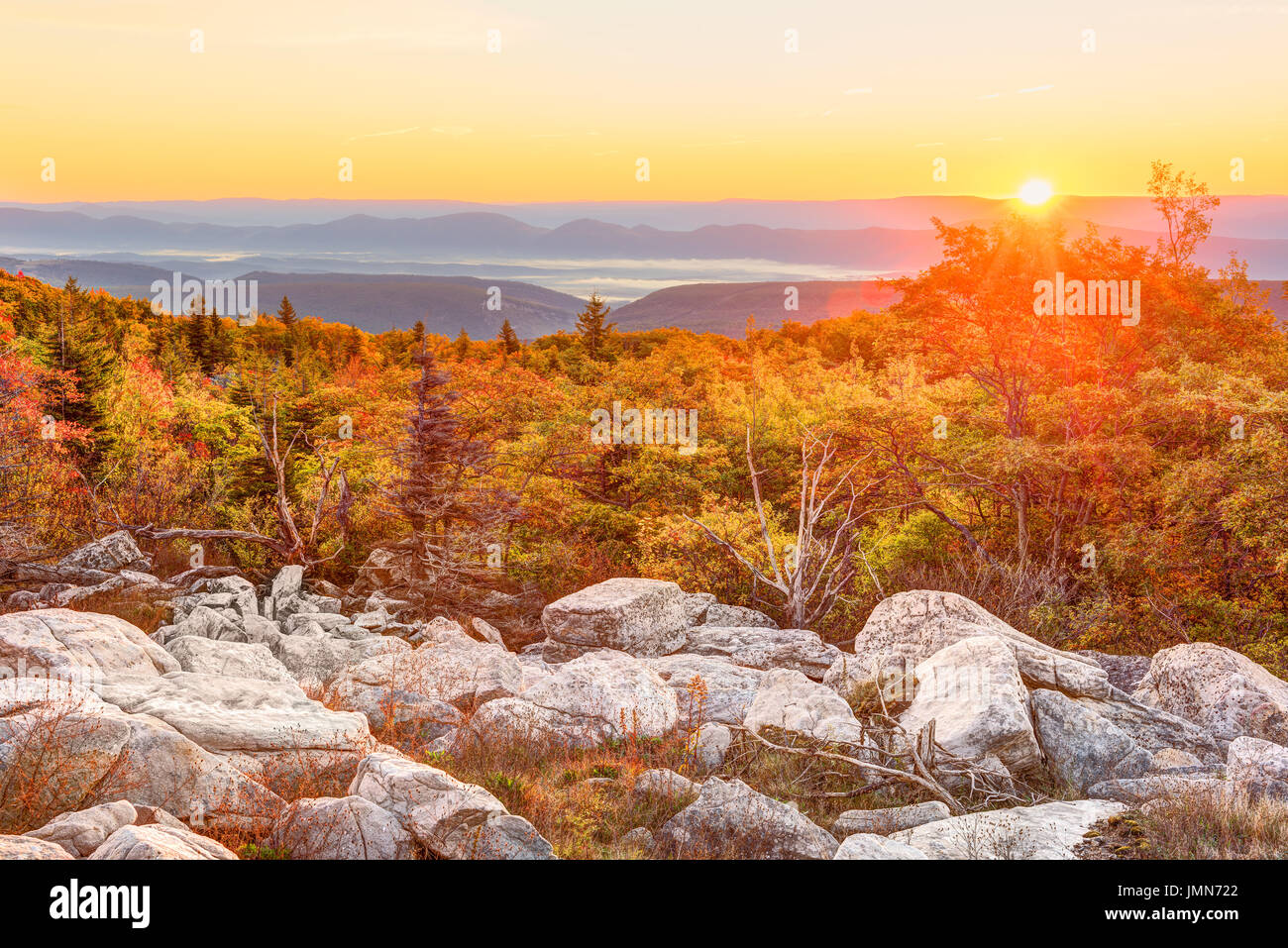 Bear rocks sunrise during autumn with rocky landscape in Dolly Sods ...