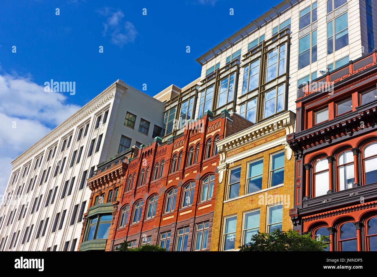 Modern and historic buildings at close up in Washington DC downtown ...