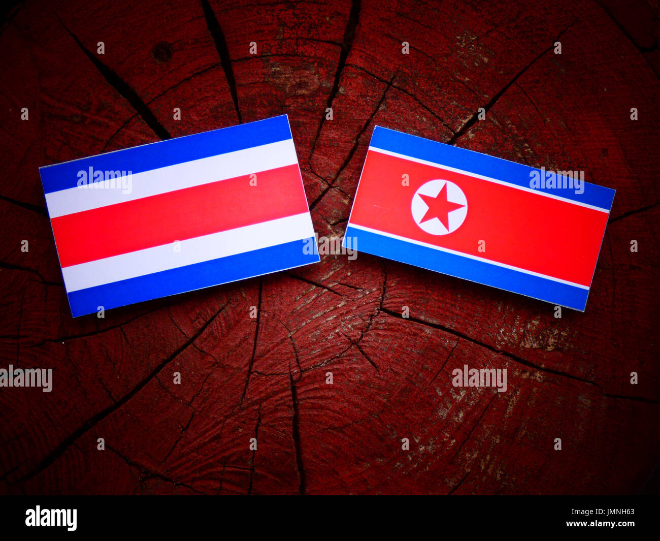 Costa Rican flag with North Korean flag on a tree stump isolated Stock ...