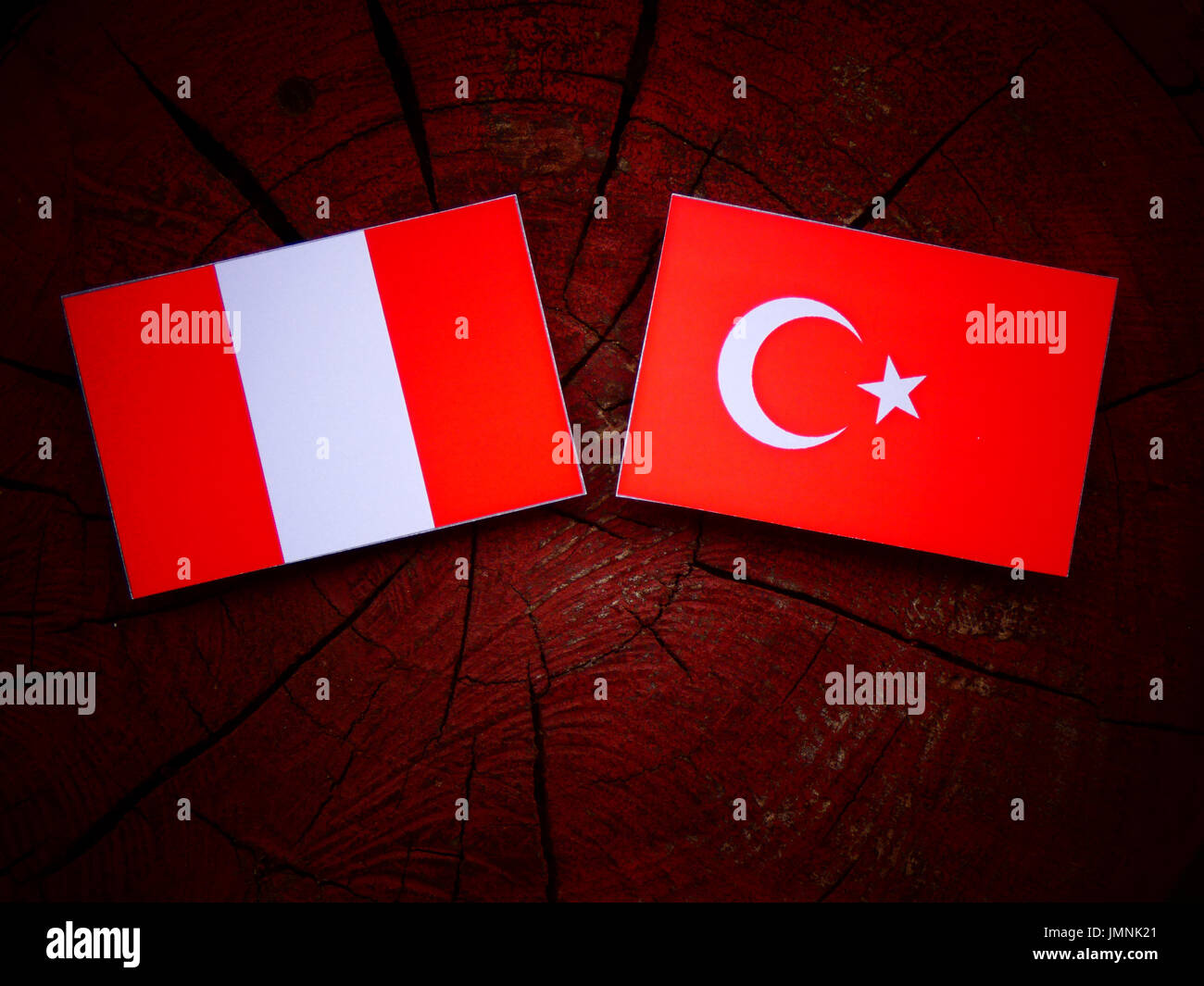 Peruvian flag with Turkish flag on a tree stump isolated Stock Photo ...