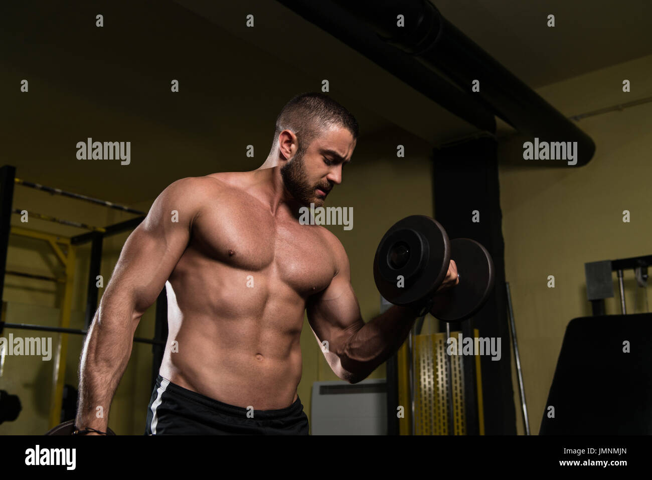 Man Working Out Biceps In A Gym - Dumbbell Concentration Curls Stock ...