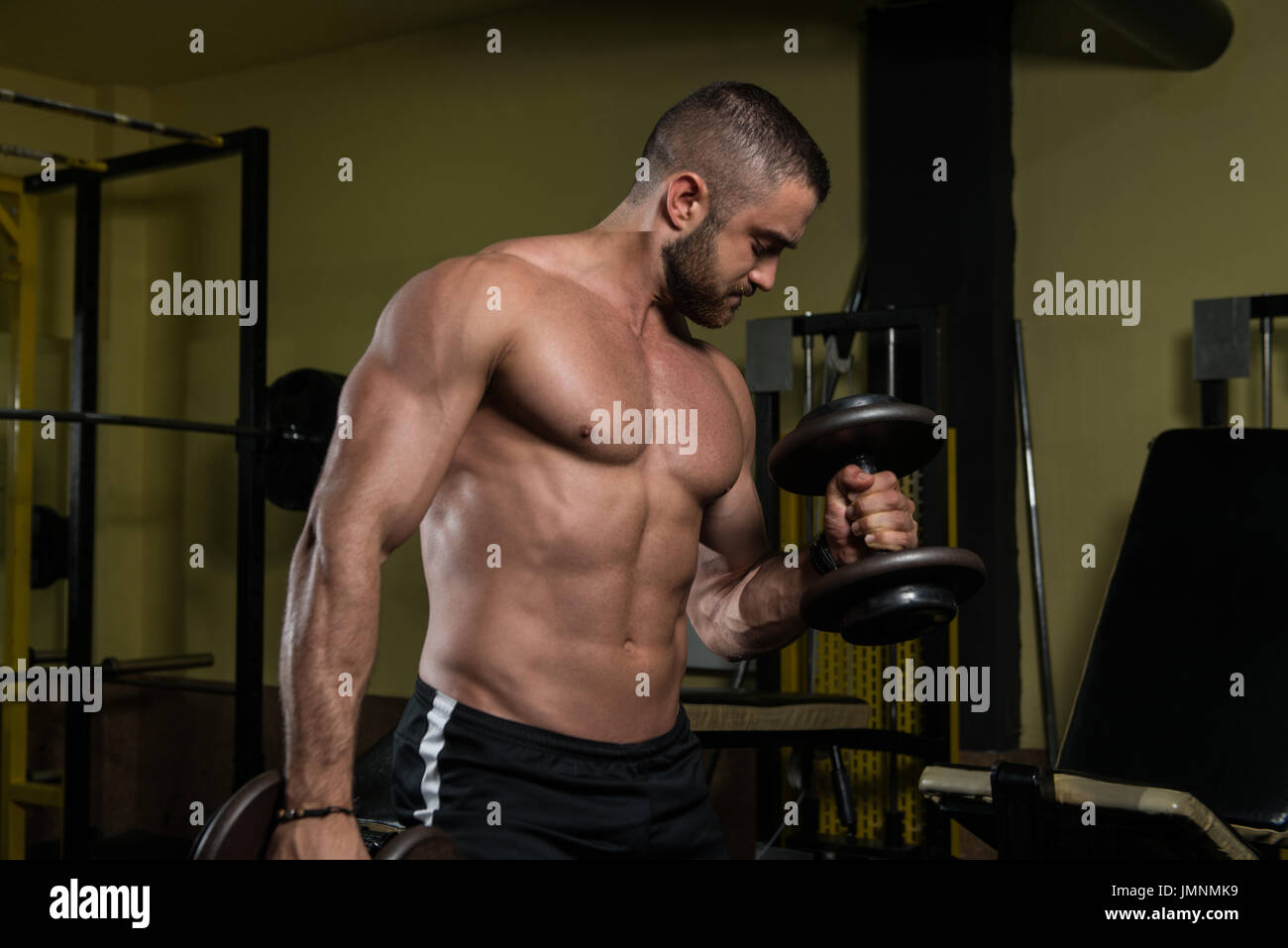Athlete Working Out Biceps In A Gym - Dumbbell Concentration Curls ...