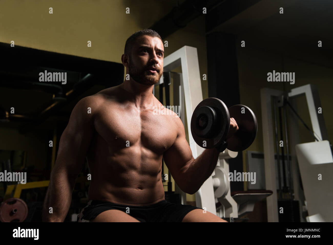 Man Working Out Biceps In A Gym - Dumbbell Concentration Curls Stock ...