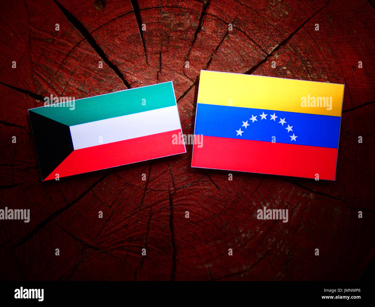 Kuwaiti flag with Venezuelan flag on a tree stump isolated Stock Photo ...