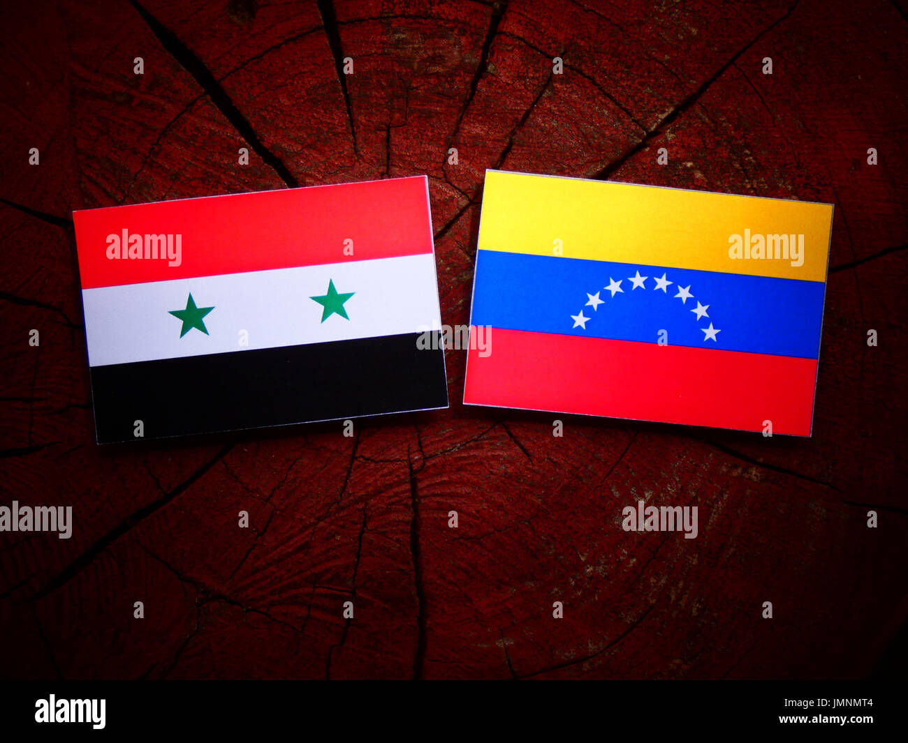 Syrian flag with Venezuelan flag on a tree stump isolated Stock Photo ...