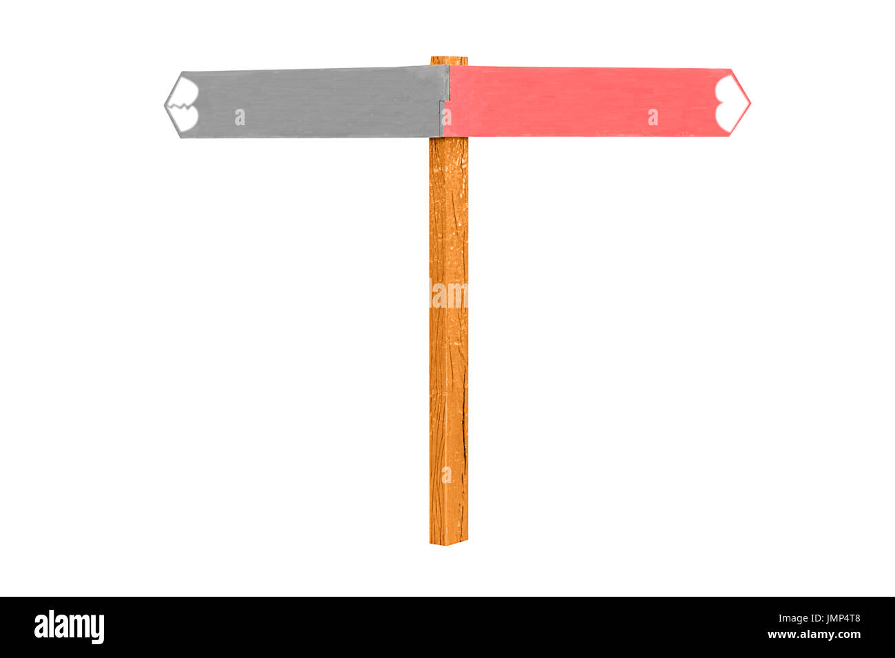 Wooden signpost attached to a wooden pole with the signs heart and ...