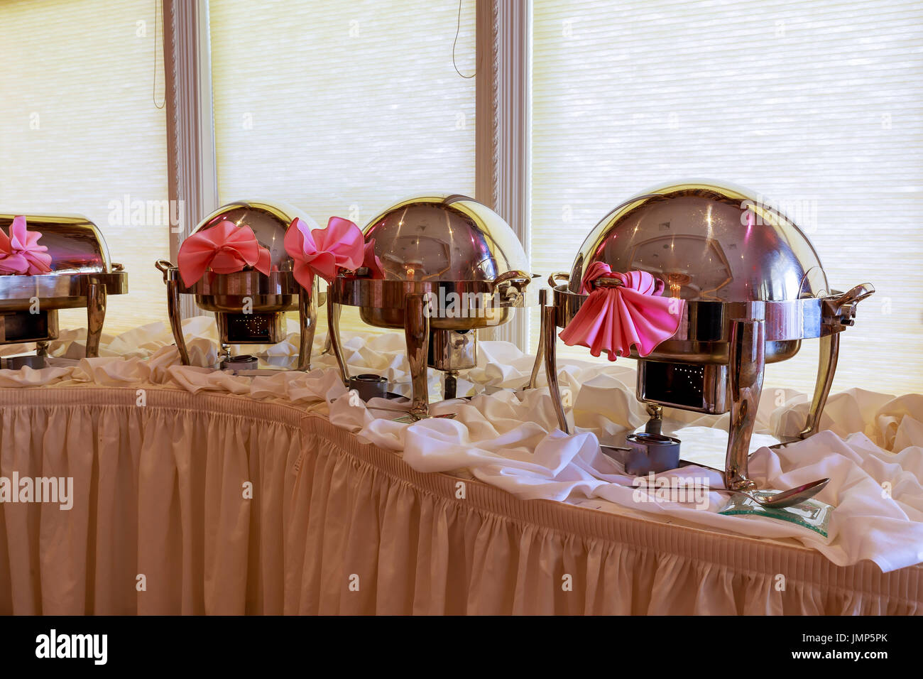 restaurant heated trays standing in line ready for service. buffet ...